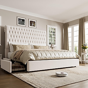 King Size Bed Frame 55" Tall Headboard with Gorgeous Button Tufted and Nail, Velvet Fabric Upholstered Bed Frame includes 4 Under-bed Storage Drawers, Wooden Slats, Noise-Free, Easy Assembly, Beige