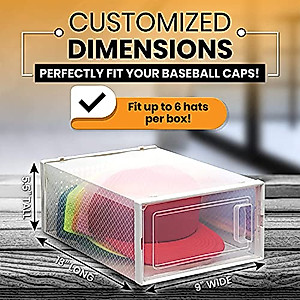 Boxy Concepts Plastic Hat Organizer for Baseball Caps (6-Pack) Easy Assembly, Stylish, Dust-Proof, Transparent, Stackable with Odor Vents. Ideal Holder, Case or Hat Rack Storage System 13” x 5.5” x 9”