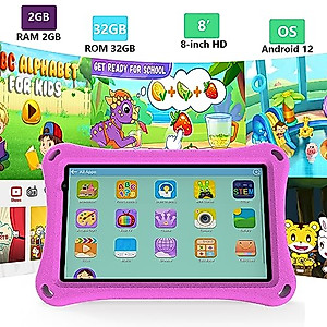 8 inch Kids Tablet, 32GB ROM Android 12 Tablet for Kids Parent Control Toddler Tablet with Case, 2GB RAM Wifi Tablet Pc, Pre installed Learning Education Tablets, 2+5MP Dual Camera IPS Screen, Pink