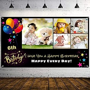 Personalized Birthday Banner for Boys Girls Women Men Kids Adults, Custom Happy Birthday Decorations Photo banners for Parties, Customized Black Backdrop Large Flag 35.5"x59"(about 5x3ft)