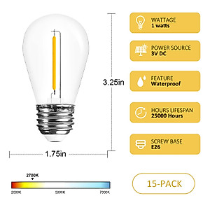 Visther Solar String Light Bulbs Replacement, DC 3V Low Voltage, Waterproof S14 E26 LED Bulbs, 1W 100LM 2700K, 15-Pack