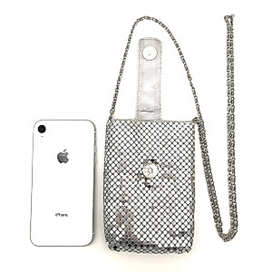 Women's Metal Mesh Small Cell Phone Pouch Bag Case Cross-Body Shoulder Strap (Silver)