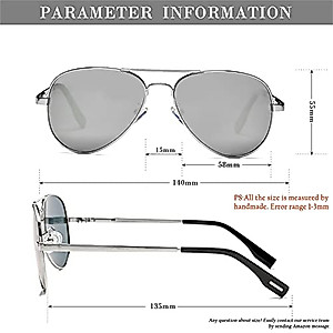 HJSTES Polarized Aviator Sunglasses for Women Men Classic Metal Shades Mirror Lens 100% UV Blocking, 58mm(Silver Frame/Silver Mirrored)
