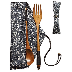 Premium Wooden Bamboo Spoon and Fork Set - w/Cotton Pouch - Bpa Free - Food safe 100% - Made from Organic Bamboo - Reusable - Serving utensils - Salad - Medium Size - 9.5 inches