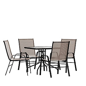 Flash Furniture 4 Flex Comfort Stack Chairs, 31.5" Square Tempered Glass Patio Table, Brown