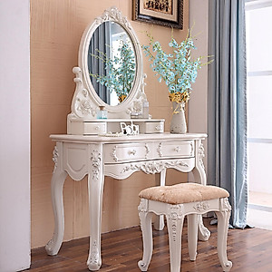 Luxury European Style Makeup Vanity, Vanity Table with Large Mirror and Upholstered Stool, Makeup Table with 4 Drawers, Bedroom Furniture Girls Women Gifts, White