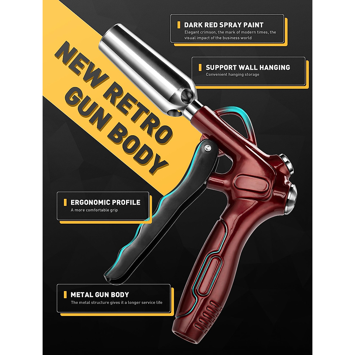 High Volume Air Blow Gun with Powerful Flow Nozzle, Retro Red Air Nozzle Blower Gun with 4.9" Stainless Steel Extension & 1/4'' Standard Quick Plug, Pneumatic Tool for Air Compressor Accessories