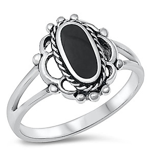 Long Oval Simulated Black Onyx Bali Bead Ring New .925 Sterling Silver Band Size 9