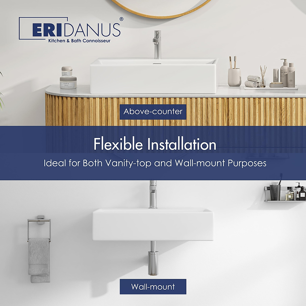 24" x 16" Bathroom Sink Vessel Rectangle, Eridanus Hang Wall Mount Sinks Countertop Vanity Floating Trough Washbasin, Ceramic Porcelain Modern White Art Basin Bowl with Overflow