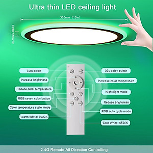 Marfete Flush Mount LED Ceiling Light Dimmable with Remote Control, 13Inch 30W RGB Sidelight Close to Ceiling Light Fixture 3000-6500K, Modern Ultra-Thin Round Ceiling Lamp for Bedroom Kids Room