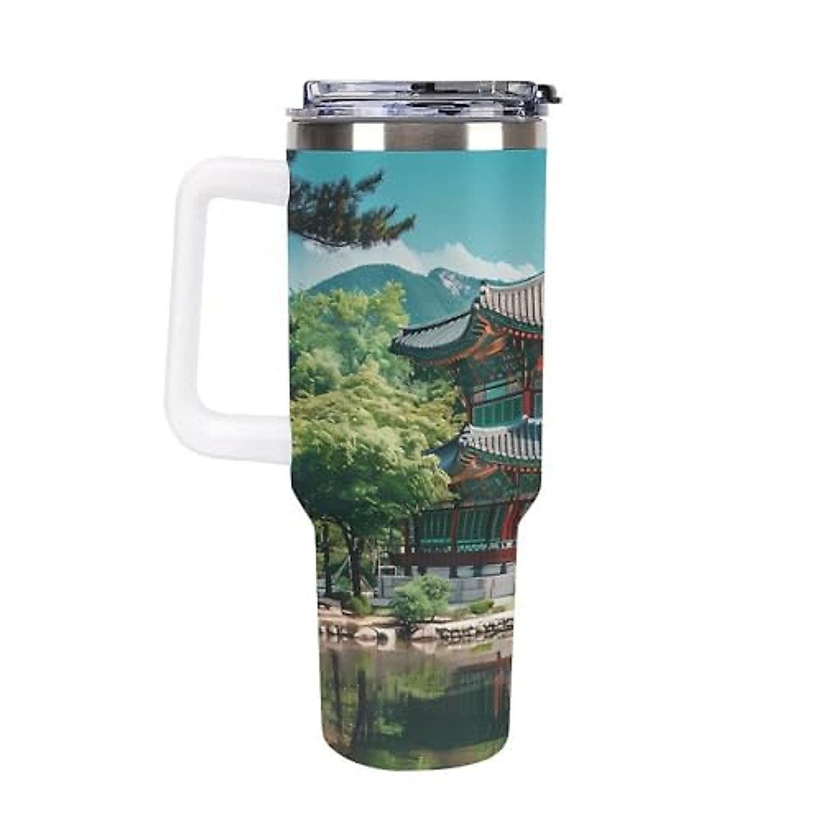 Korean Architecture Palace of Koreas Insulated Tumbler with Handle Stainless Steel Travel Coffee Mug with Lid And Straw 40oz