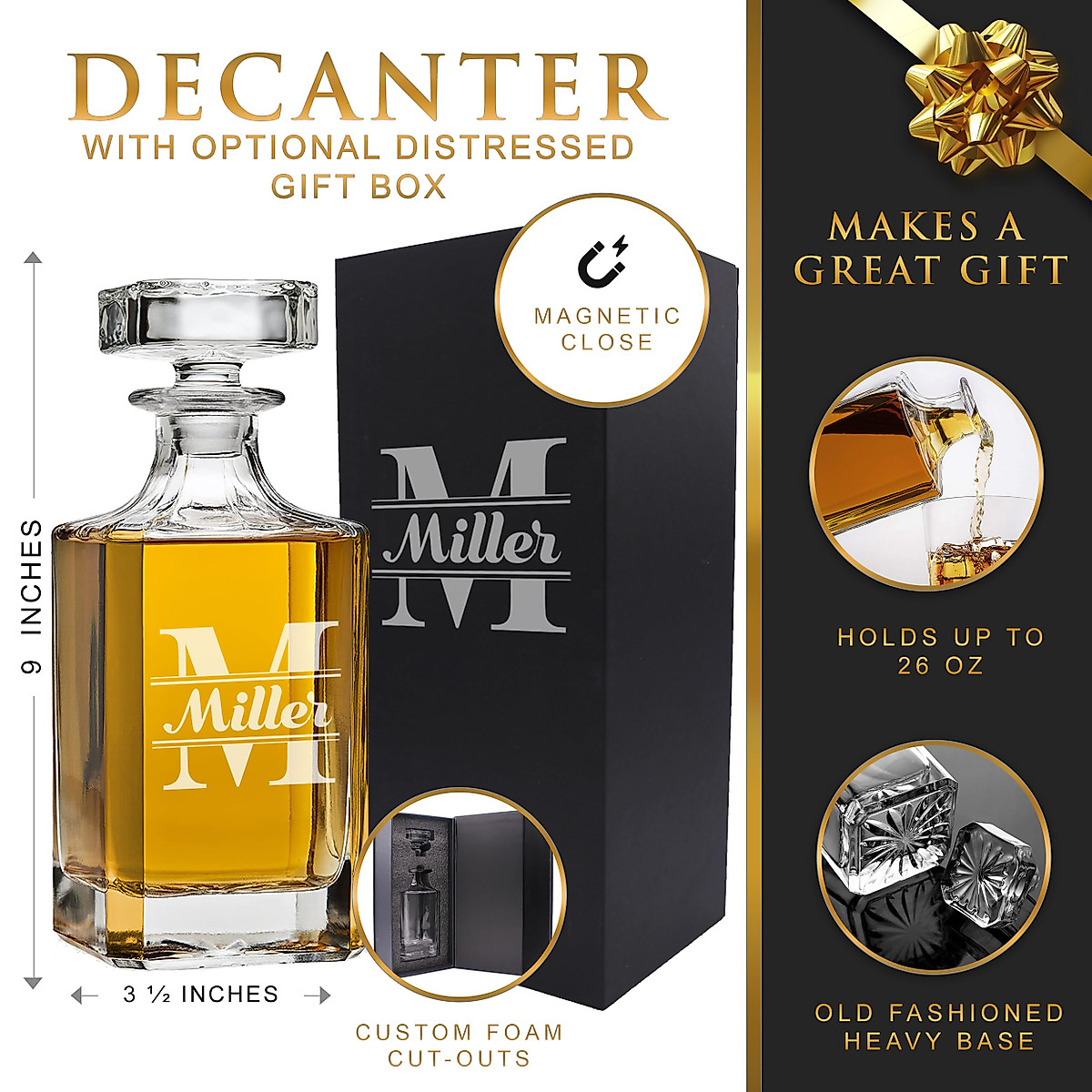 The Wedding Party Store Custom Personalized 26 oz Glass Whiskey Decanter with Lid and Stopper - Engraved with Name (Original Design)