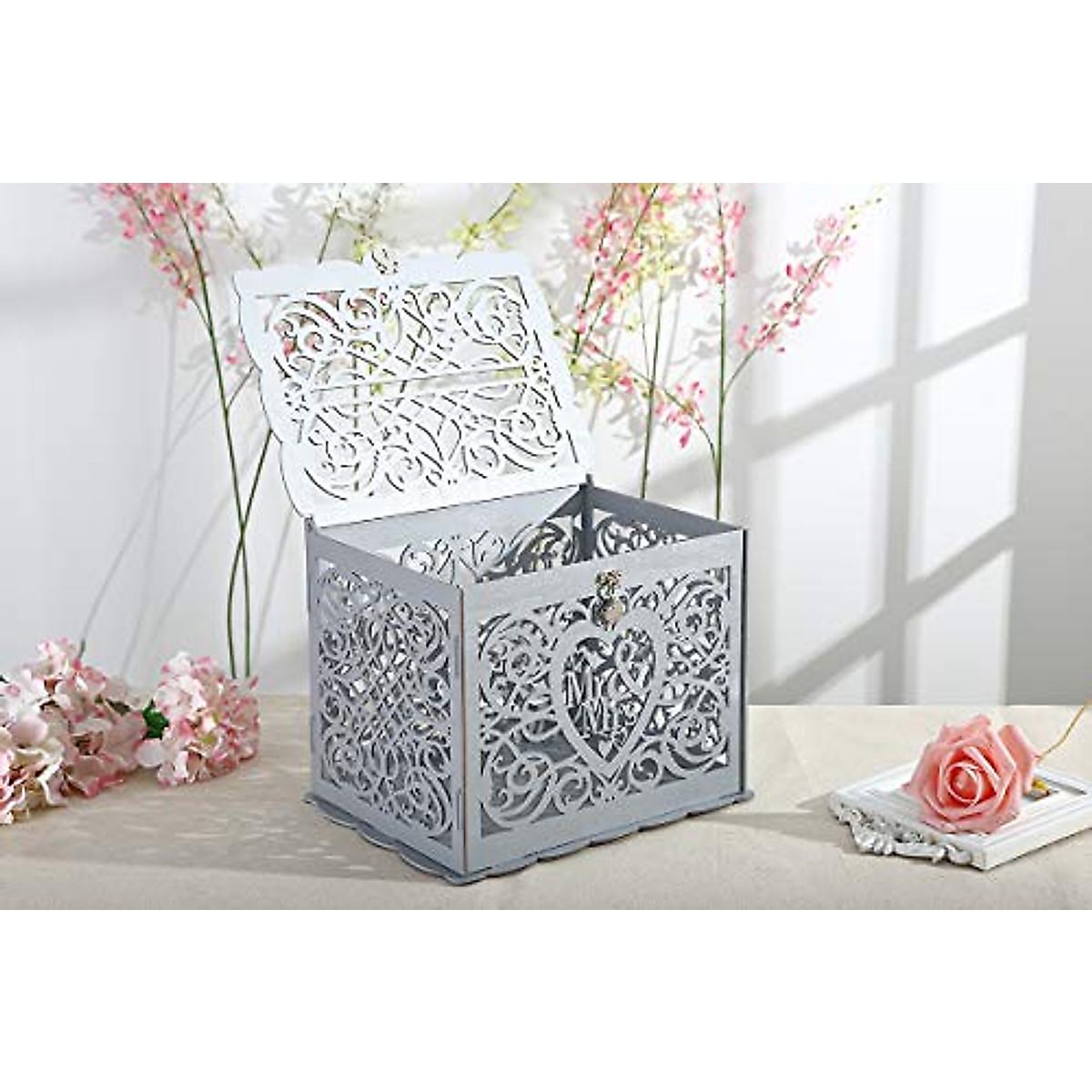 Mimacoo Wedding Money Box Holder with Sign, Large Rustic Wood Wooden DIY Envelop Gift Card Shadow Boxes with Lock Slot for Reception Anniversary (Silver)