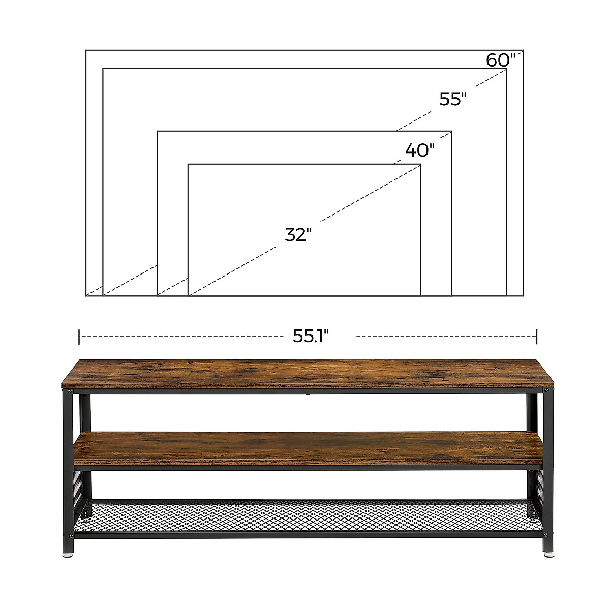 VASAGLE TV Stand, TV Cabinet for up to 60 Inch TV, Console, Coffee Table with Metal Frame, Wood-Like Grain, Industrial for Living Room, Rustic Brown and Black ULTV50BX