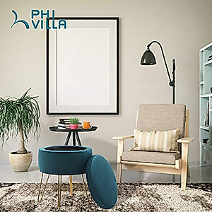 PHI VILLA Storage Ottoman,Blue Round Ottoman with Storage Box and Removable Lid, Upholstered Decorative Metal Legs Ottoman Footrest/Footstool for Living Room,Bedroom and Kids Room,Velvet,Blue