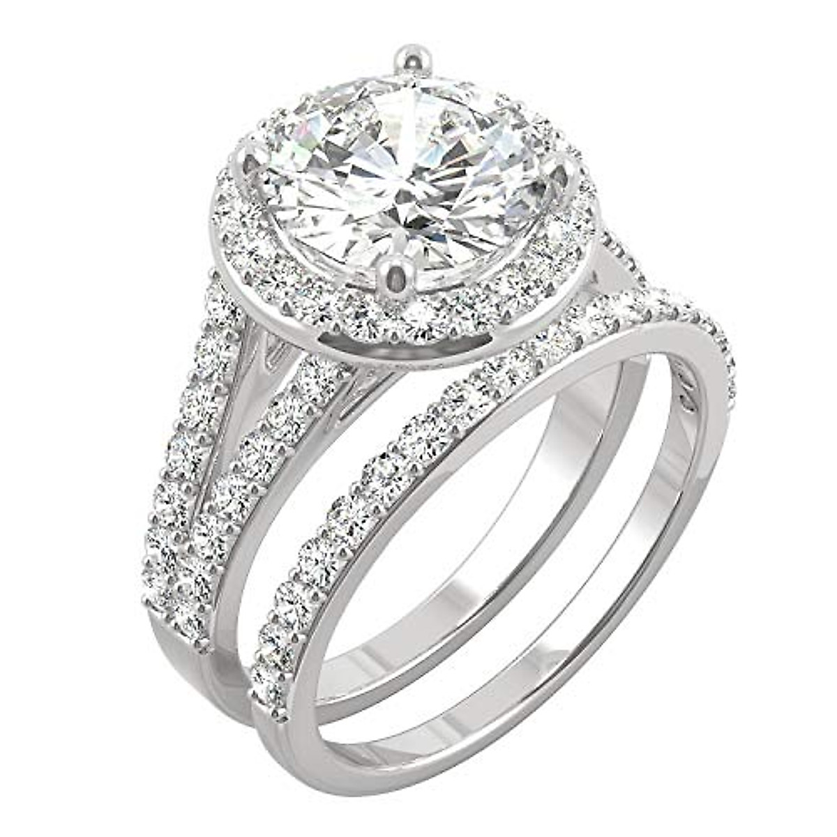 Charles & Colvard Created Moissanite 9mm Round Cut Wedding Ring Set for Women | 3.69 cttw DEW | Lab Grown | Solid 14K White Gold with Rhodium | Size 9