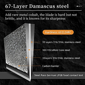 Damascus Kitchen Knife Set with Block, Razor Sharp 67-Layer VG10 Steel and Triple Rivet Handle, Included Chef/Santoku/Utility/Bread/Paring Knives, Sharpener, Kitchen Shears-Natural Wooden Block, 9Pcs