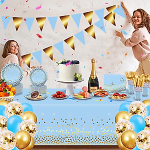 Blue Gold Party Supplies Foil Polka Dots Disposable Tableware Set Serves 24 Guests Star Foil Balloons Tablecloths Pennant Banners Plates for Birthday Wedding Baby Shower Party Graduation Decorations