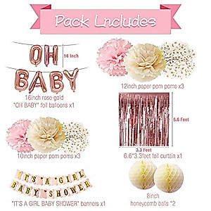 Rose Gold Baby Shower Decorations for Girl Pink Gold It’s A Girl Baby Shower Banner Rose Gold OH Baby Foil Letter Balloons Rose Gold Foil Fringe Curtains Tissue Pom Poms Honeycomb Balls by HappyField