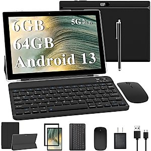 2024 Newest Android 13 Tablets, 2 in 1 Tablet 10 inch, Tablet with Keyboard，6 +64 GB+1TB Expand, 2.4G/5G Wi-Fi 6, BT 5.0,Dual Carema, Games，Google GMS(Black)