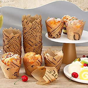 400 Pieces Tulip Cupcake Liners Newspaper Print Paper Cupcake Liner Greaseproof Muffin Liners Grease Resistant Cupcake Wrappers for Weddings Birthday Baby Showers Festival Party Supplies (Brown)