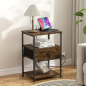 Tantmis Nightstand Set of 2 with Charging Station, Detachable Fabric Drawer, Small End Table with Storage for Small Spaces, Wood Bedside Tables for Living Room, Bedroom, Dorm, Rustic Brown