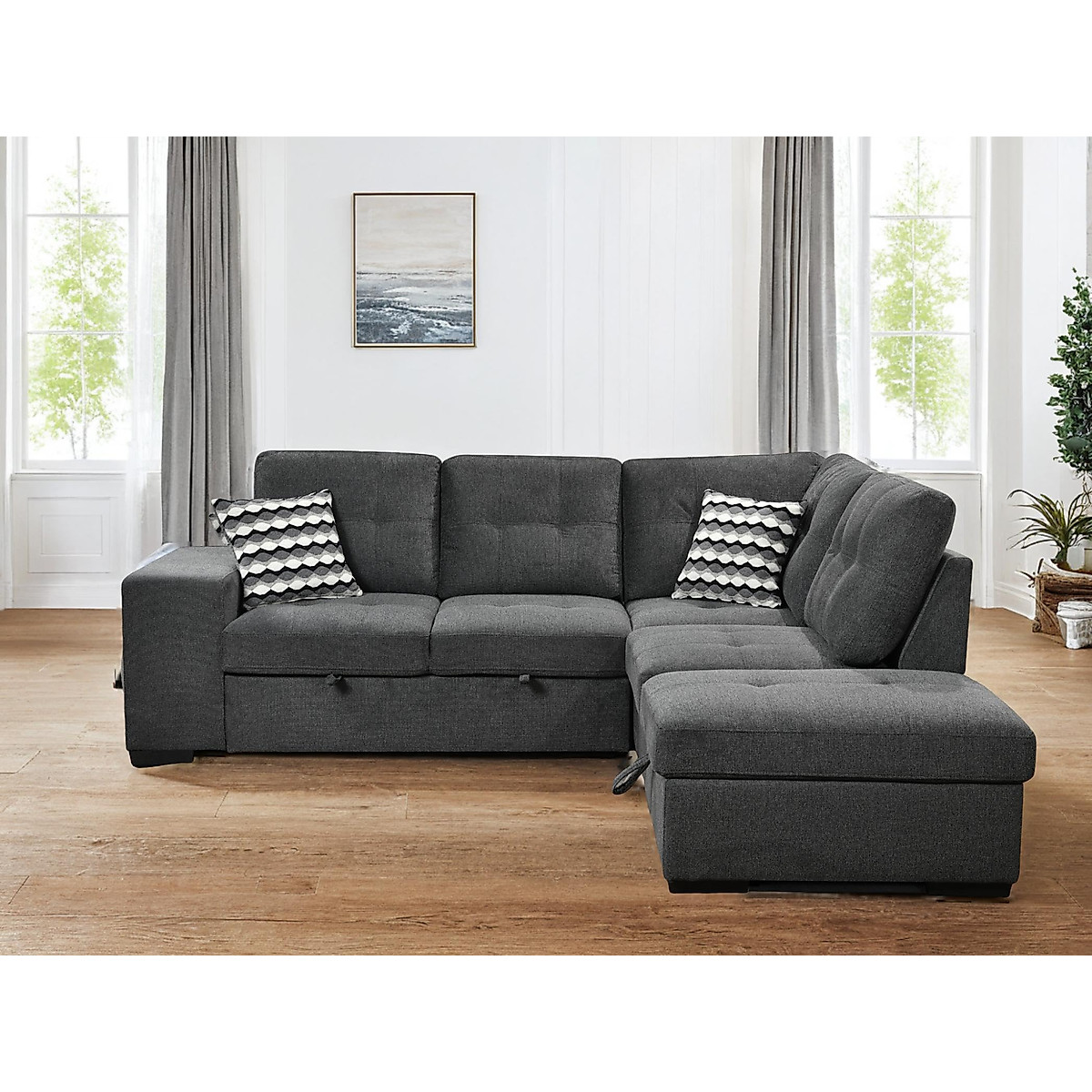 THSUPER 100 inch Linen Sectional Sleeper Sofa with Pull Out Bed, L Shaped Convertible Sectional Sleeper Couch with Storage Ottoman, 2 Foot Stool and USB Ports, Dark Gray