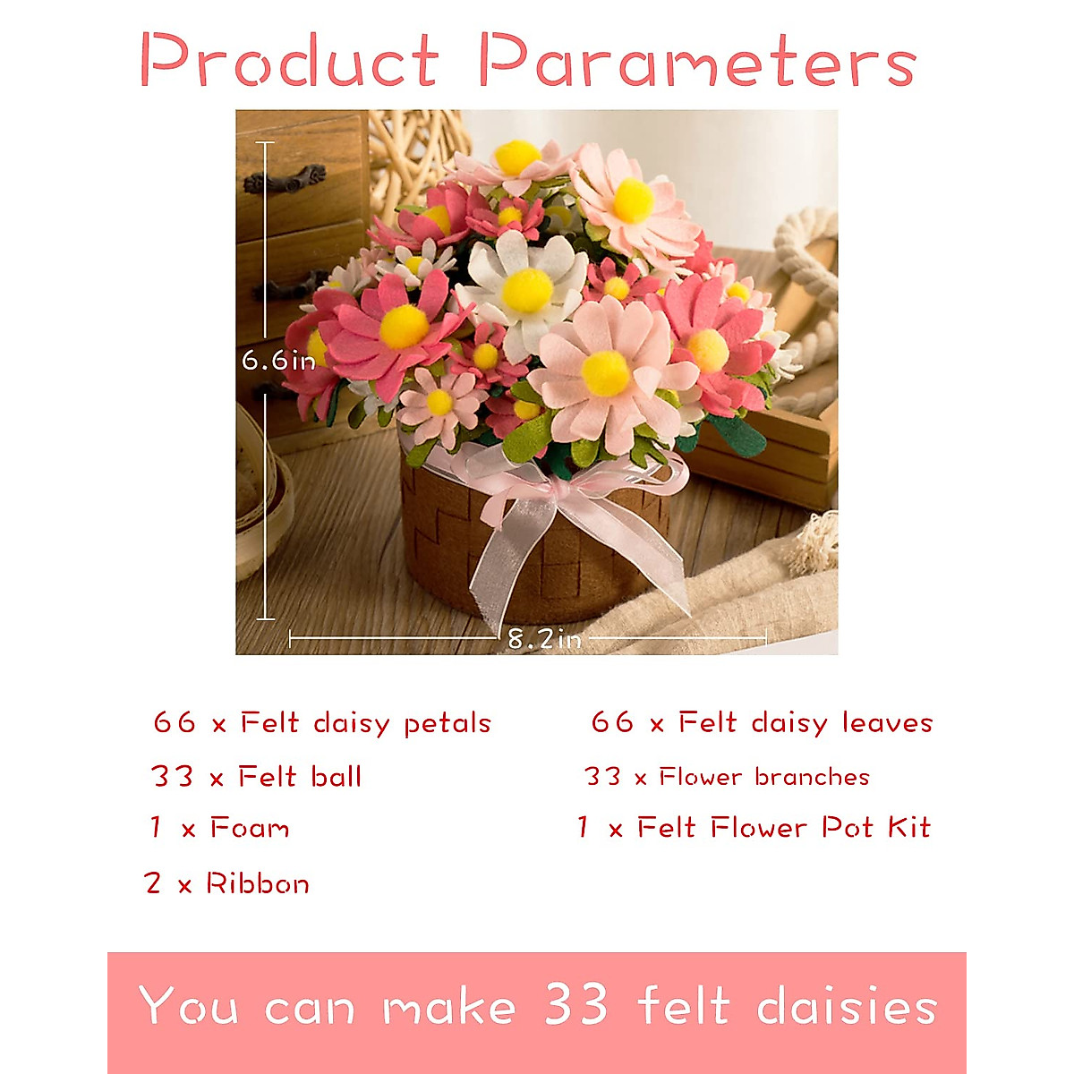 BAZIMA DIY Felt Flower Art Craft Kit, DIY Felt Daisy Pot Bonsai Kit, 33 Daisies,Floral Gifts,Beginner Craft Kit,Arrange Pre-Cut Felt Flowers and Foliage