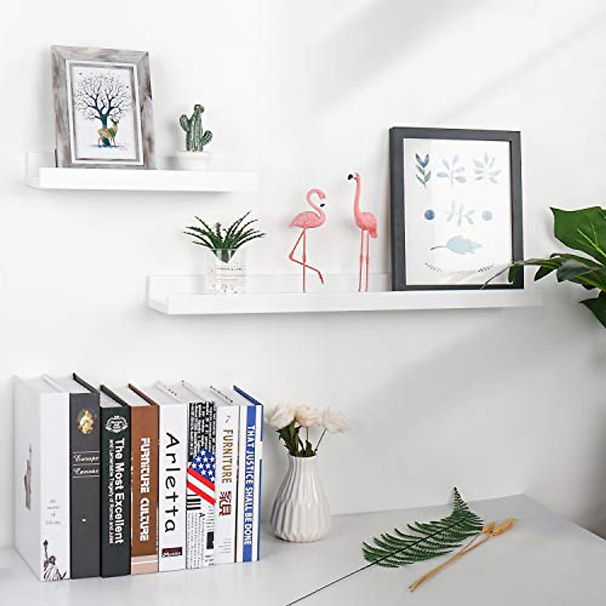 YOYAI Natural Bamboo Floating Shelves Wall Mounted Rustic Wood Wall Shelves Wooden Wall Storage Organizer Home Decor Living Room Kitchen Bedroom (White,13.8 in)