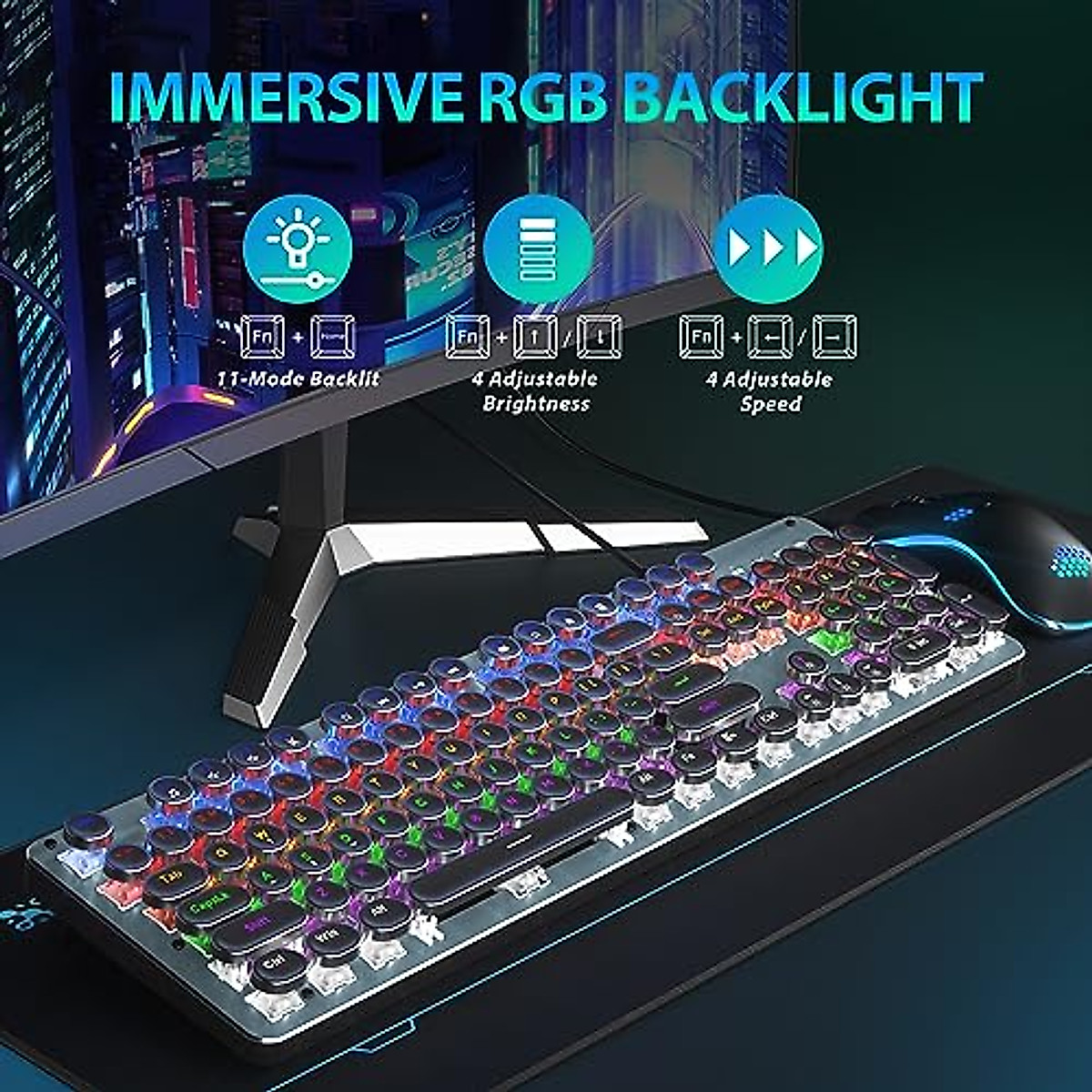 Typewriter Mechanical Gaming Keyboard Mouse Combo, Metal Panel Retro Keyboard with Round Keycap Blue Switch, RGB Backlit 104 Keys Anti-Ghost Wired Keyboard and Mouse with 3 DPI for PC Laptop Mac Gamer