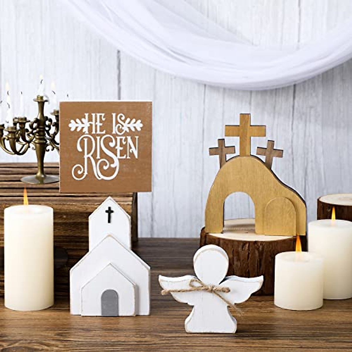 5 Pcs Jesus Tomb Easter Tray Bundle Kit with LED Fairy Lights, Wooden Easter Jesus Sign He Is Risen Resurrection Scene Nativity Christ Statue Farmhouse Easter Tiered Tray Decor for Home Church Table