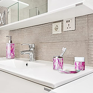 HILHORA Hand Made Bathroom Accessories Set 4Pcs Mosaic Glass Decorative Bathroom Set Includes Soap Lotion Dispenser, Tumbler, Toothbrush Holder, Soap Dish (Pink)
