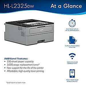 Brother HL-L23 Series Compact Monochrome Laser Printer, Print Copy Scan, 26 ppm, Wireless I Mobile Printing, Duplex Printing, Auto 2-Sided Printing, 250-sheet, with MTC Printer Cable