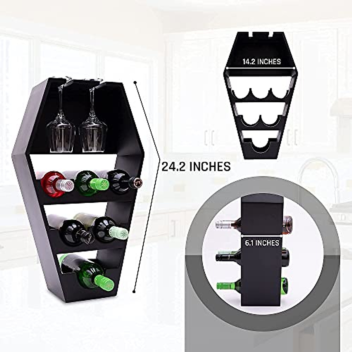 HippoProof Coffin Wine Rack Countertop - Wood Coffin Rack for Kitchen or Living Room - Black Wooden Coffin Shelf Bottle Holder - Gift on Any Occasion, Length: 7 inches , Height: 25 inches x 15 inches