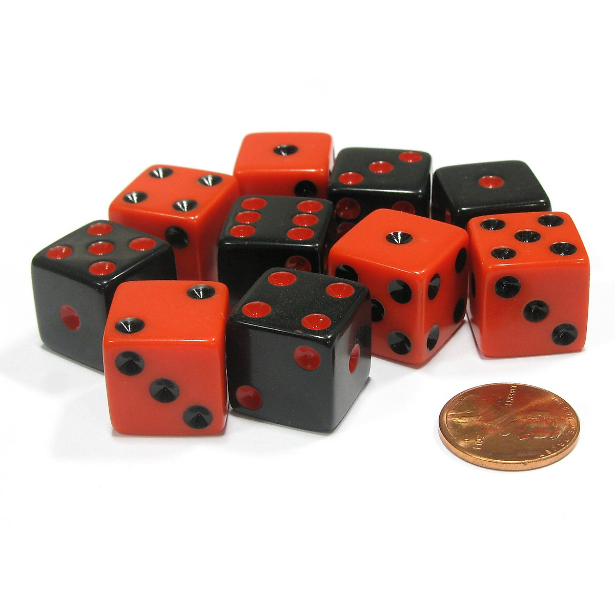 Set of 10 Six Sided Square Opaque 16mm D6 Dice - Inverse Black and Red by Koplow Games