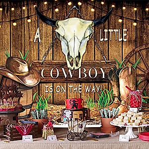 LIGHTINHOME Cowboy Baby Shower Backdrop 7Wx5H Feet for Rustic Wooden Pattern Cowboy Western Hat A Little Cowboy is On The Way Photography Background Decorations Photo Booth Studio Prop Fabric