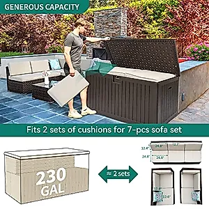 YITAHOME XXL 230 Gallon Large Deck Box,Outdoor Storage for Patio Furniture Cushions,Garden Tools with Flexible Divider, Waterproof,Lockable (Brown)