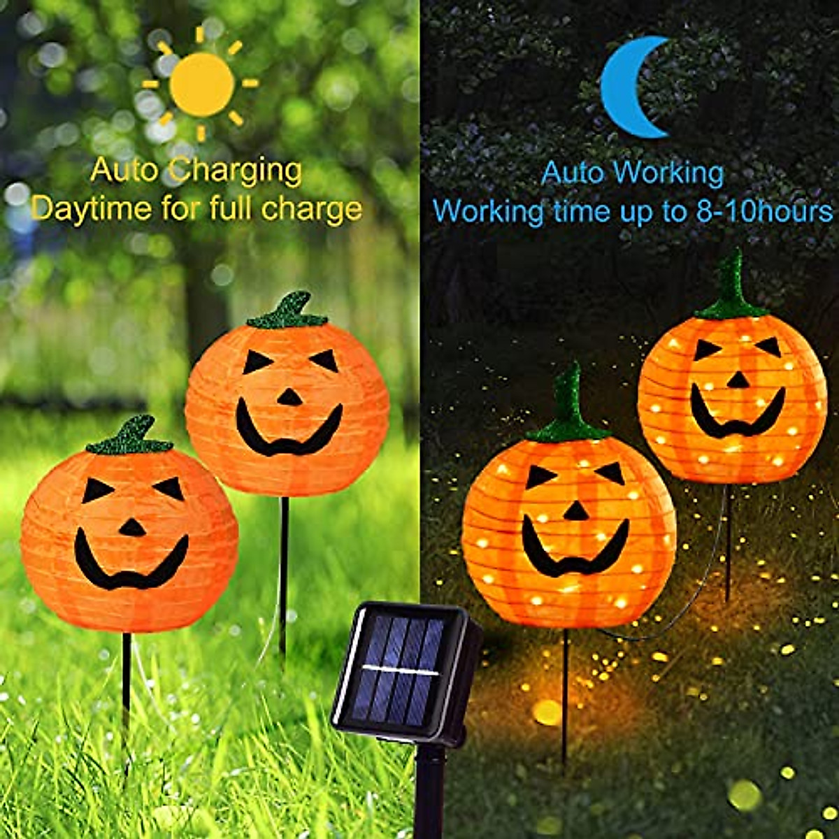 PLTCAT Solar Halloween Pumpkin LED Lights, Set of 2 Pumpkin Stake Lights 2 Modes for Outdoor Halloween Pathway Yard Garden Decoration