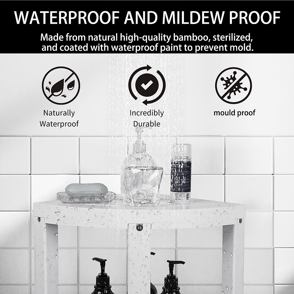 Corner Shower Bench with Storage Shelf,Waterproof Bamboo Corner Shower Stool for Shaving Legs,Easy Assemble Non-Slip Shower Chair for Bathroom,Stable & Sturdy Adjustable Feet Shower Seat(White)