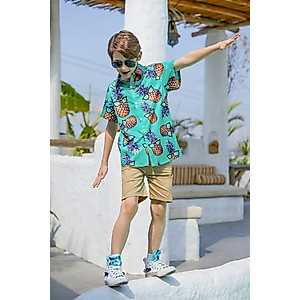 9T 10T Little Boy Green Pineapples Sunglass Hawaiian Print Dress Shirts Fancy Button-down Short Sleeves Polo Tee Shirt at School Camp Play Casual Lounging Wear Swimming Pool Outfits for Kids Children