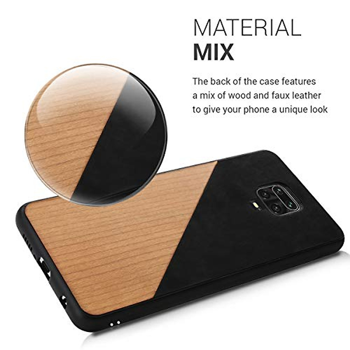 kwmobile Case Compatible with Xiaomi Redmi Note 9S / 9 Pro / 9 Pro Max - Hard Cover with TPU Bumper and PU Leather/Wood Design - Two-Tone Wood Black/Brown