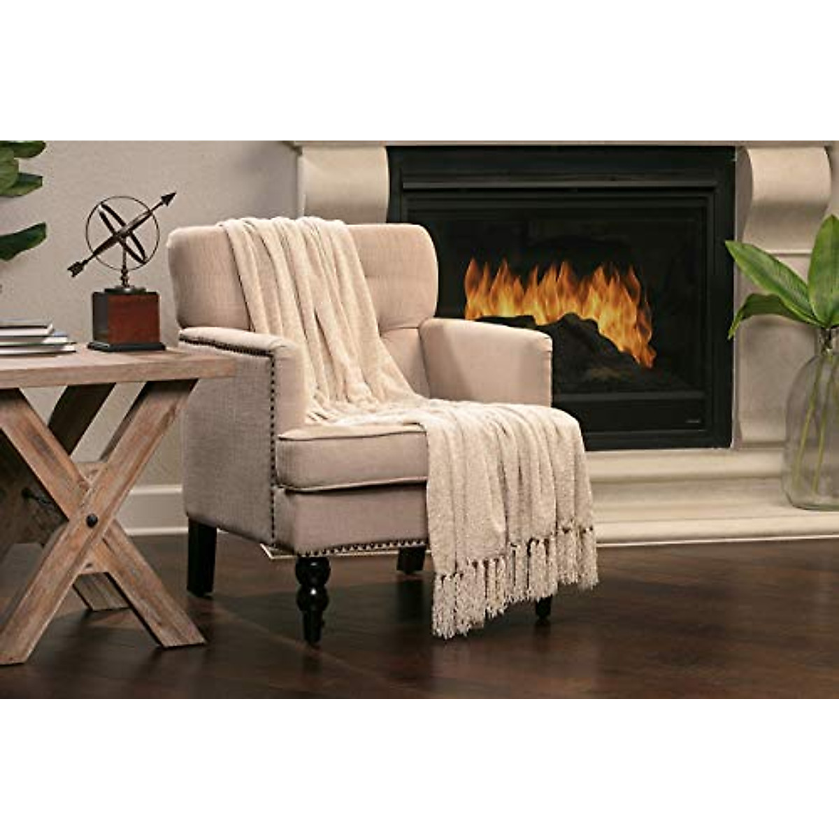 Chanasya Chenille Velvety Texture Decorative Throw Blanket with Tassels Super Soft Cozy Classy Elegant with Subtle Shimmer for Chair Couch Bed Living Bed Room Ivory Throw Blanket (50x65 Inches) Cream