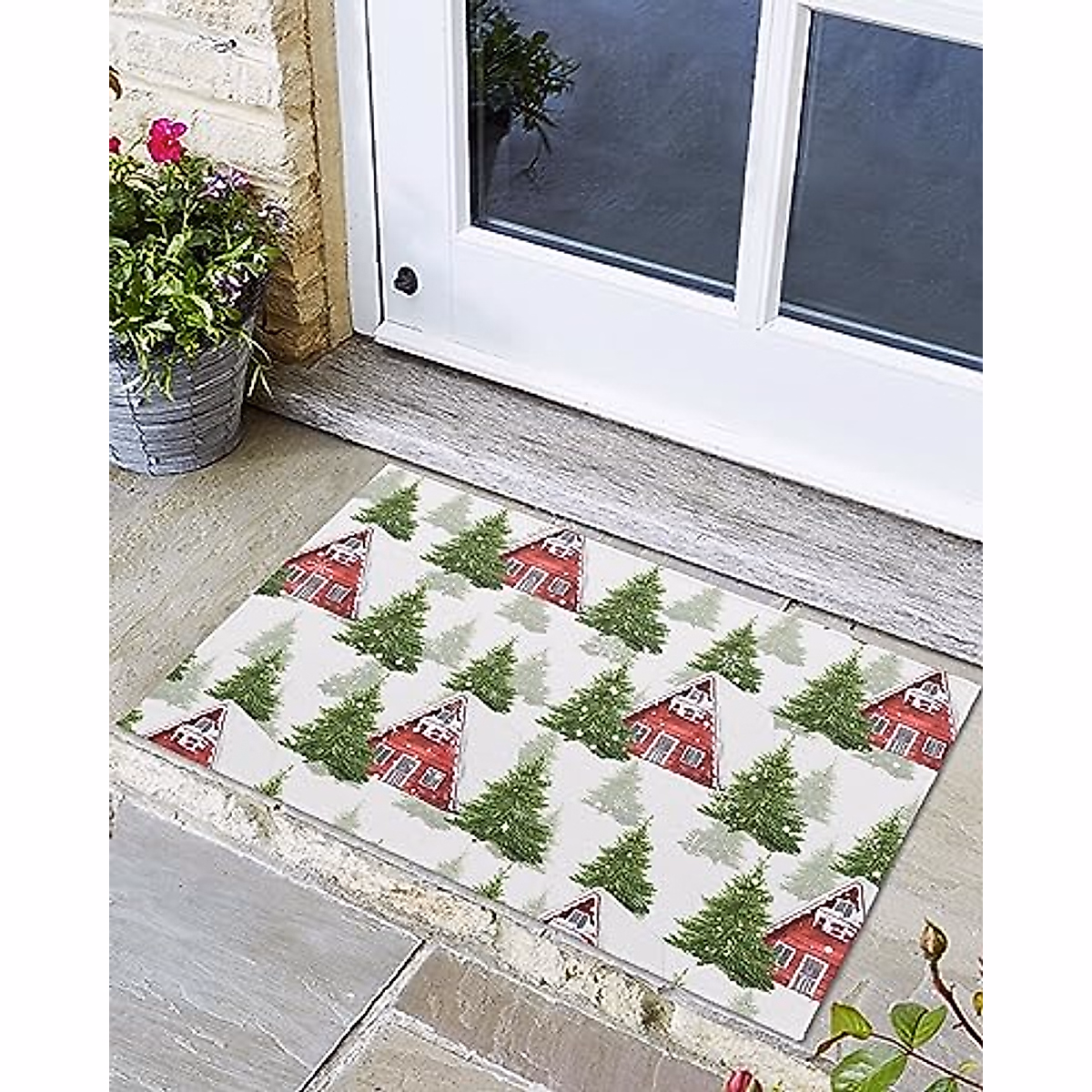 Indoor Outdoor Mats, Christmas Tree and Farm Barn Tile Pattern Door Mat, Non-Slip Absorbent Resist Dirt Entrance Mat Washable Welcome Mats for Entryway, Low-Profile Floor Mats