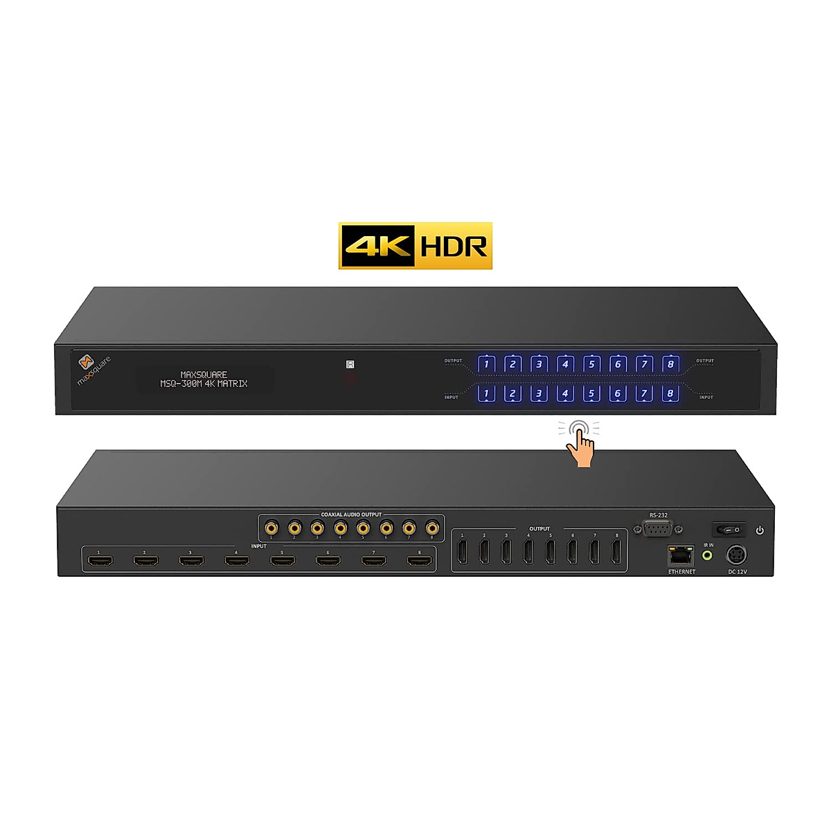 MAXSQUARE 8x8 HDMI Matrix Switch UHD 4K@60Hz 4:4:4 HDR Front Panel Touch Button, ARC & Audio Extraction, HDMI 2.0a, HDCP 2.2/1.4, 7.1ch Audio, EDID Management/Learning, TAA/NDAA Compliant