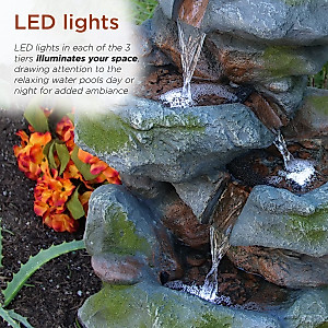 Alpine Corporation WIN582 Tall Outdoor 3-Tier Rock Waterfall Fountain with LED Lights, 15"L x 13"W x 22"H, Gray/Beige