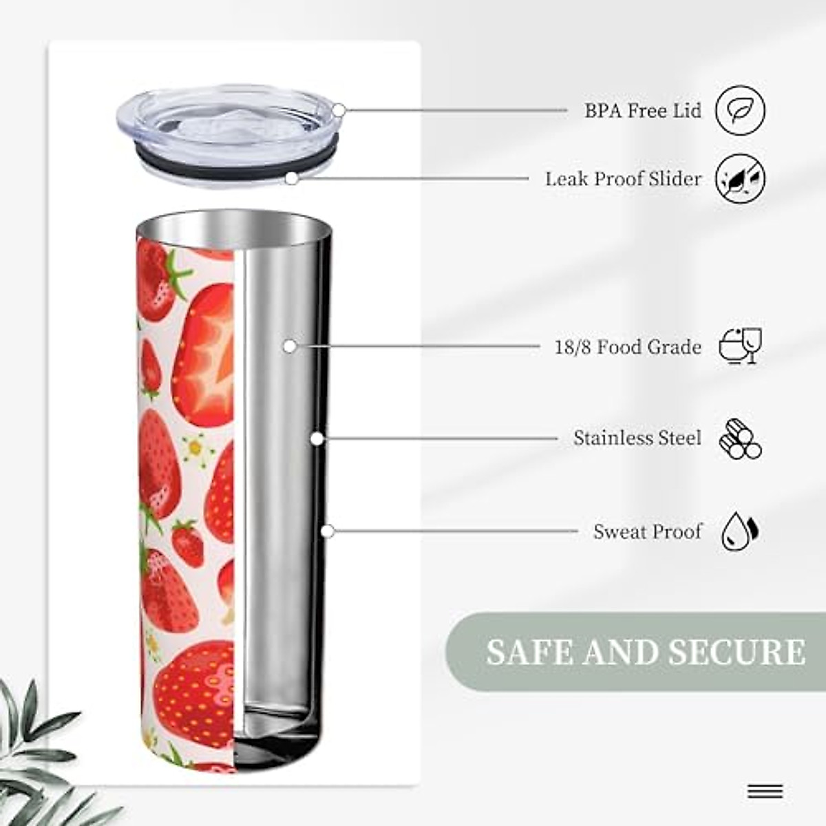 AFHYZY 20 oz Tumbler Reusable Coffee Travel Mug with Lids and Straws, Insulated Coffee Cups Leak Proof 20oz Stainless Steel Water Bottles Skinny for Work, Women, Sports - Strawberry