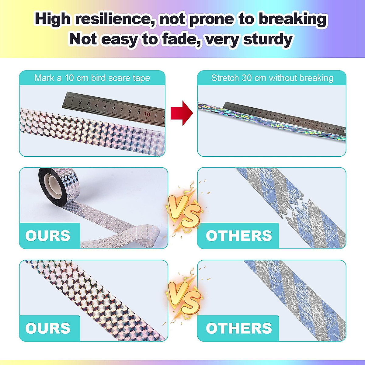 Bird Scare Tape Ribbon(524FT) - Reflective Tape for Birds - Keep Birds Away Outdoor - Scare Tape for Bird Control - Double Side Ribbon, Scare Geese, Pigeon, Duck, Woodpecke - Yard Decoration