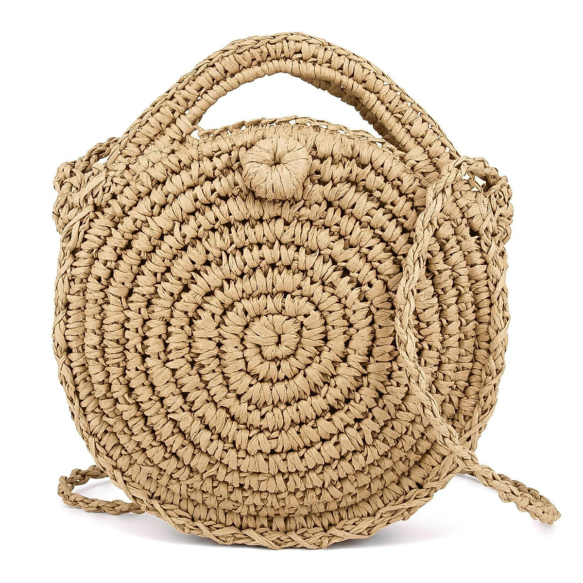 Women Round Straw Beach Bag Handwoven Summer Rattan Bag Cross Body Bag Shoulder Bag Khaki
