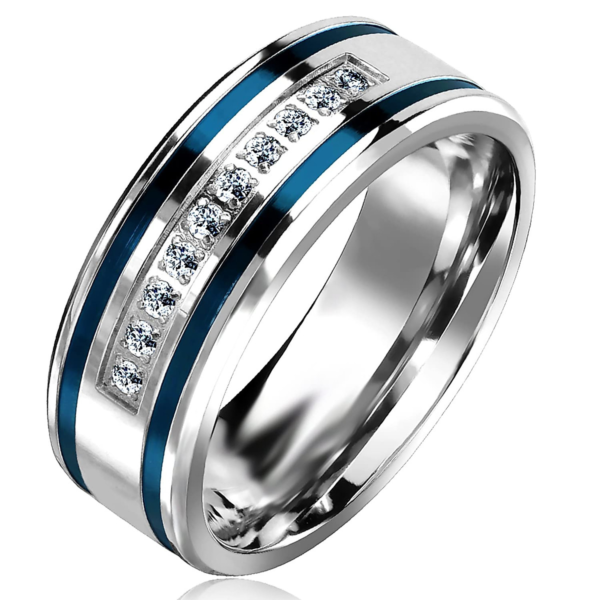 LaRaso & Co His Hers Sterling Blue Sapphire CZ Bridal Wedding Band Engagement Ring Set Him Her Thin Blue Line