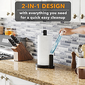 SpaceAid SprayNeat Paper Towel Holder with Spray Bottle, Countertop Paper Towels Dispenser Stand with Sprayer Inside Center, Under Cabinet Papertowels Roller for Kitchen (Black)